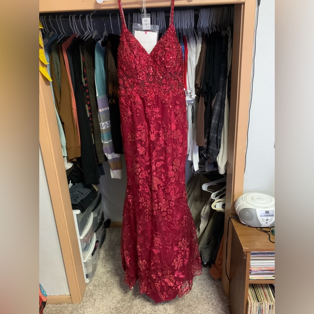 Ruby Red Prom Dress With Floral Detailing - Gem